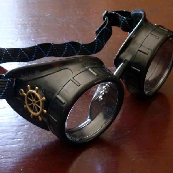 Black Pirate Goggles: Clear Lenses & Brass Ship's Wheel